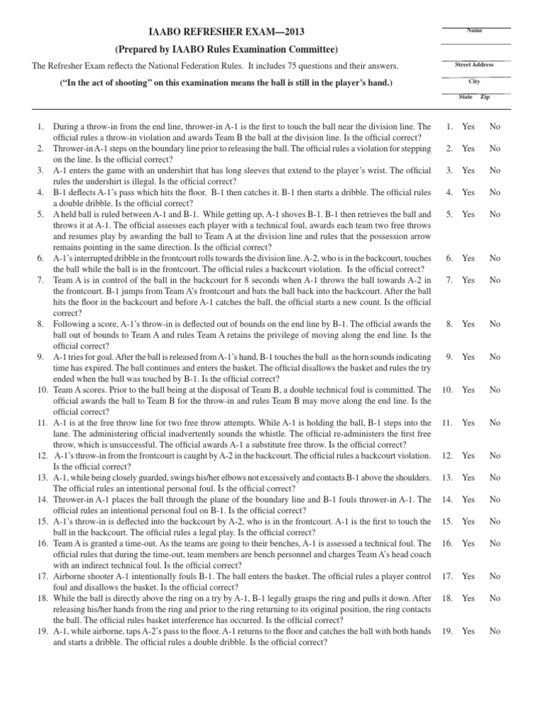 2013-14 IAABO Refresher Exam | PDF | Basketball Positions | Ball Games