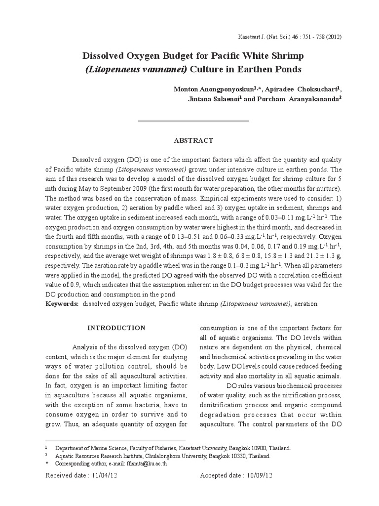 Dissolved Oxygen Budget For Pacifi C White Shrimp (Litopenaeus Vannamei) Culture in Earthen ...