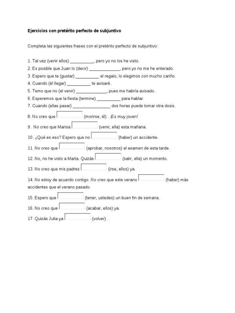 Ejercicios de pretérito perfecto subjuntivo | PDF