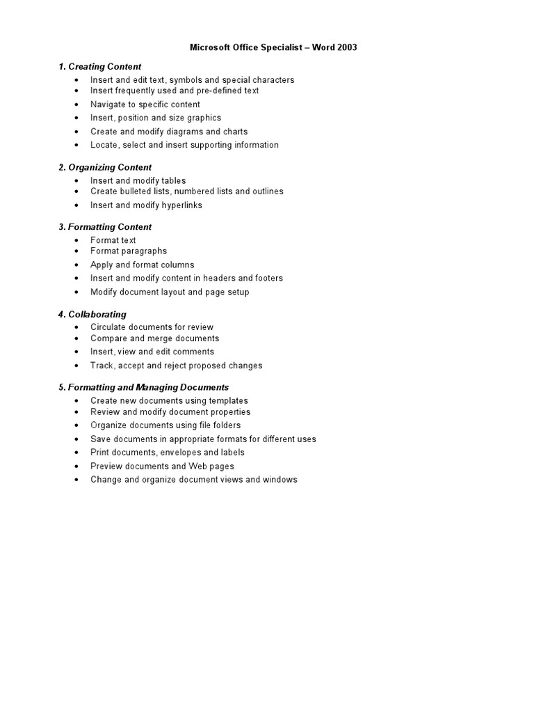 Creating Content: Microsoft Office Specialist - Word 2003 | PDF ...