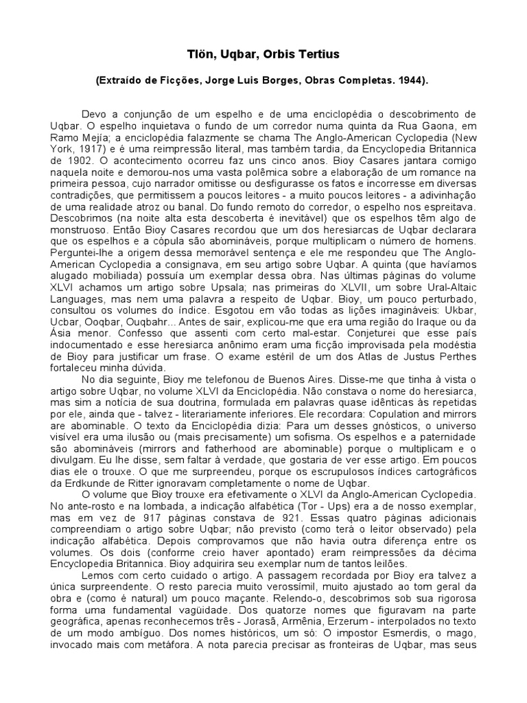 Jorge Luis Borges - Tlön, Uqbar, Orbis Tertius | PDF | Realidade | Moeda