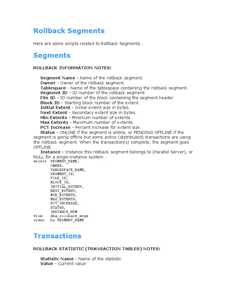 Oracle Rollback Segments Guide | PDF | Database Transaction | Online ...