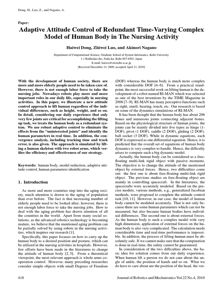 Adaptive Attitude Control Of Redundant Time Varying Complex Model Of Human Body In The Nursing