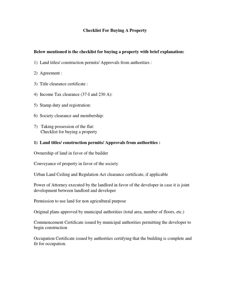 Checklist For Buying A Property | PDF | Taxes | Conveyancing