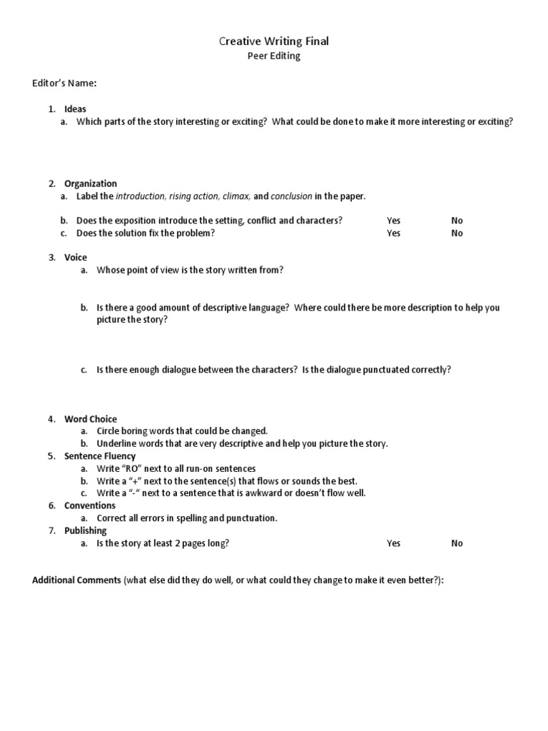 Creative Writing Peer Editing Sheet | PDF