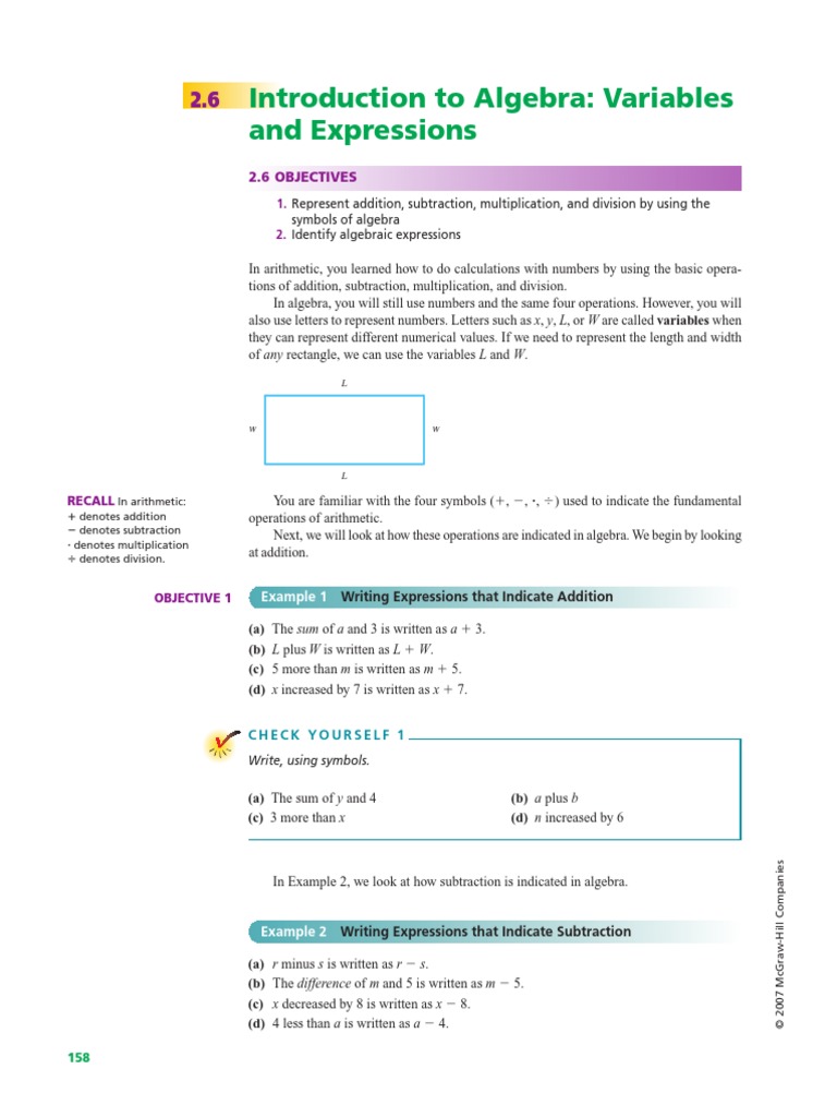 Introduction To Algebra: Variables and Expressions: 2.6 Objectives ...