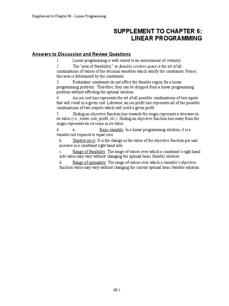 Supplement To Chapter 6: Linear Programming: Answers To Discussion and ...
