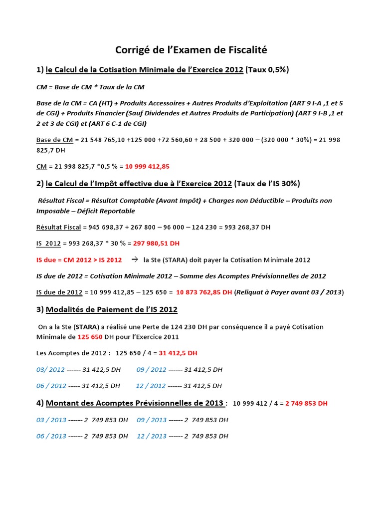Corrige de L'examen de Fiscalité (s5) | PDF | Affaires | Finance et gestion monétaire