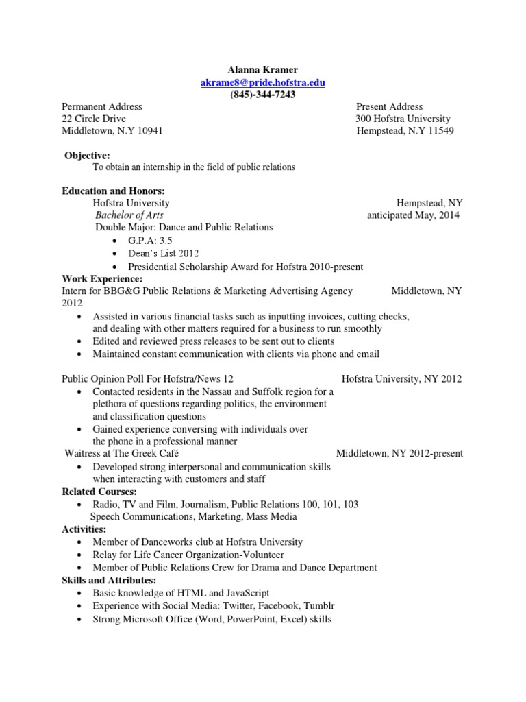 Alanna Kramer's Public Relations Internship Resume | PDF