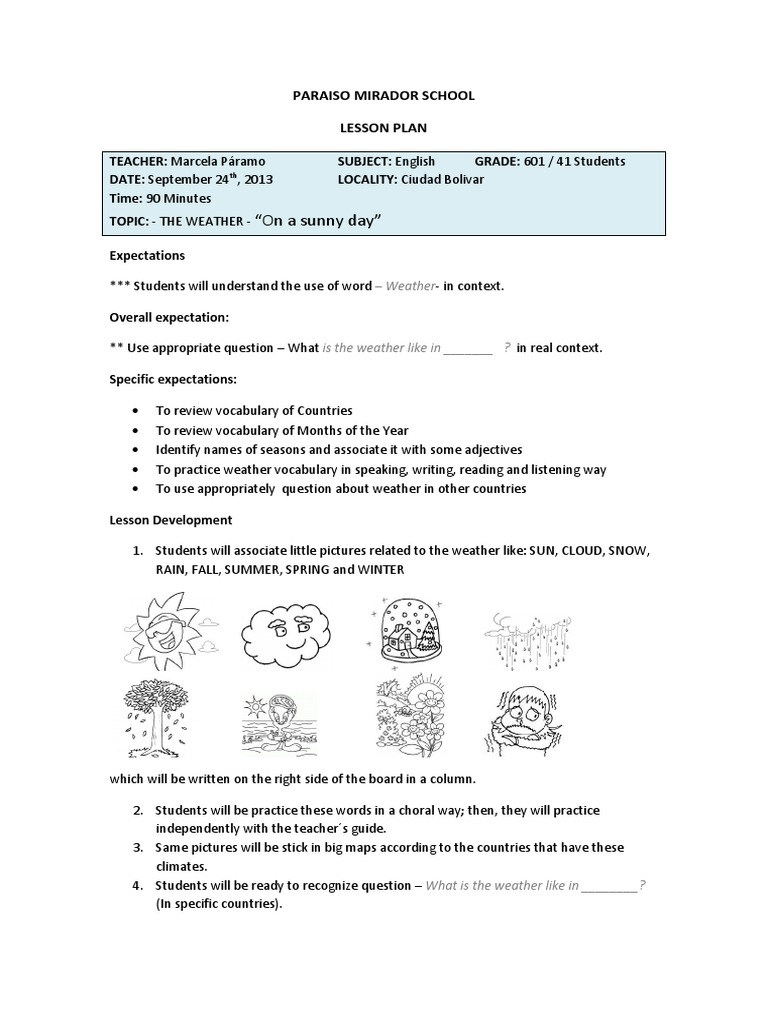 Weather Lesson Plan for English Class | PDF | Vocabulary | Weather