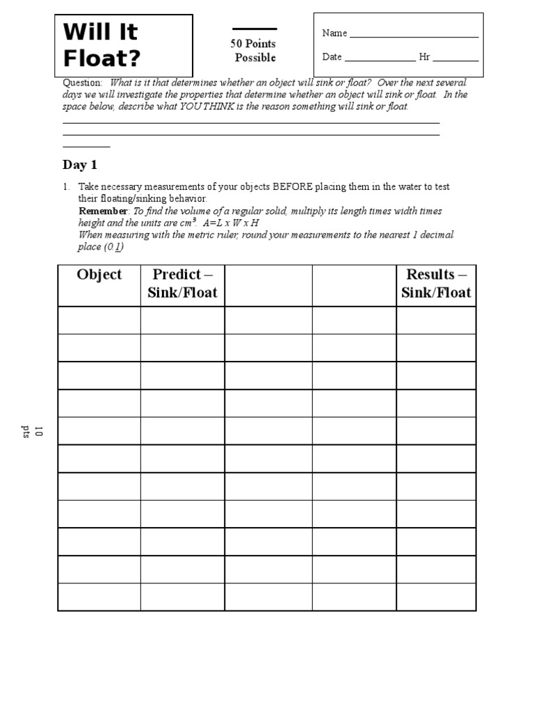 Will It Float?: Object Predict - Sink/Float Results - Sink/Float | PDF ...