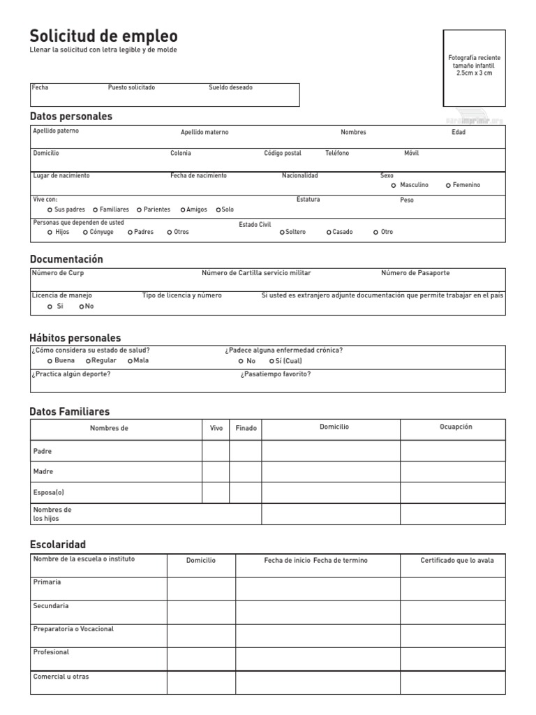 Solicitud de Empleo Para Imprimir