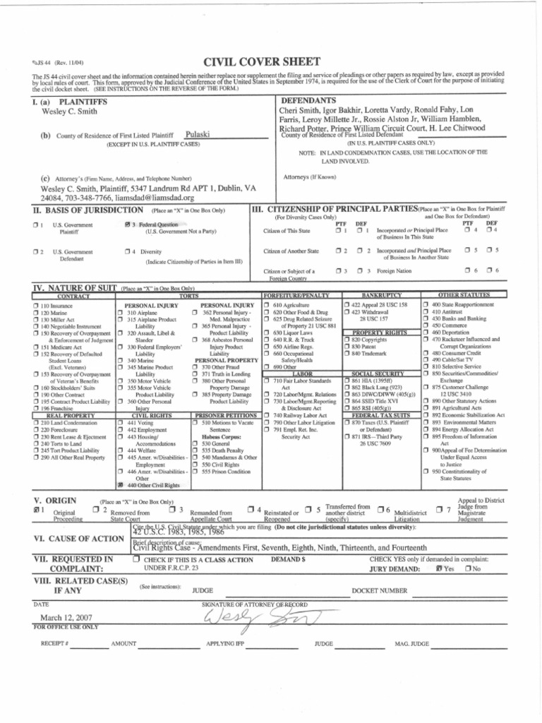 Civil Cover Sheet: Ii. Basis of Jurisdiction | PDF | Tort | Diversity ...