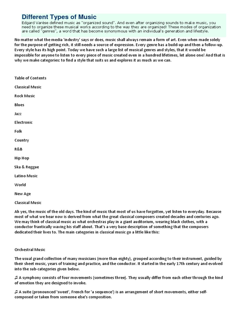 Different Types of Music | PDF | Reggae | Rock Music