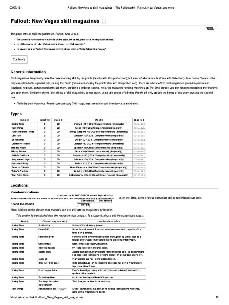 Fallout - New Vegas Skill Magazines | PDF