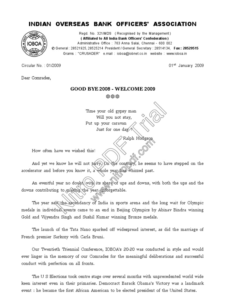 IOB Officers' Association New Year Circular | PDF