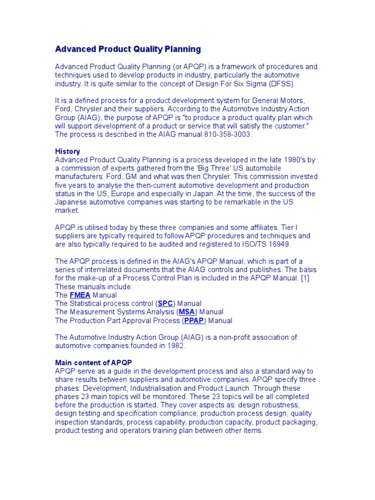 Advanced Product Quality Planning | PDF | Business Process | Business