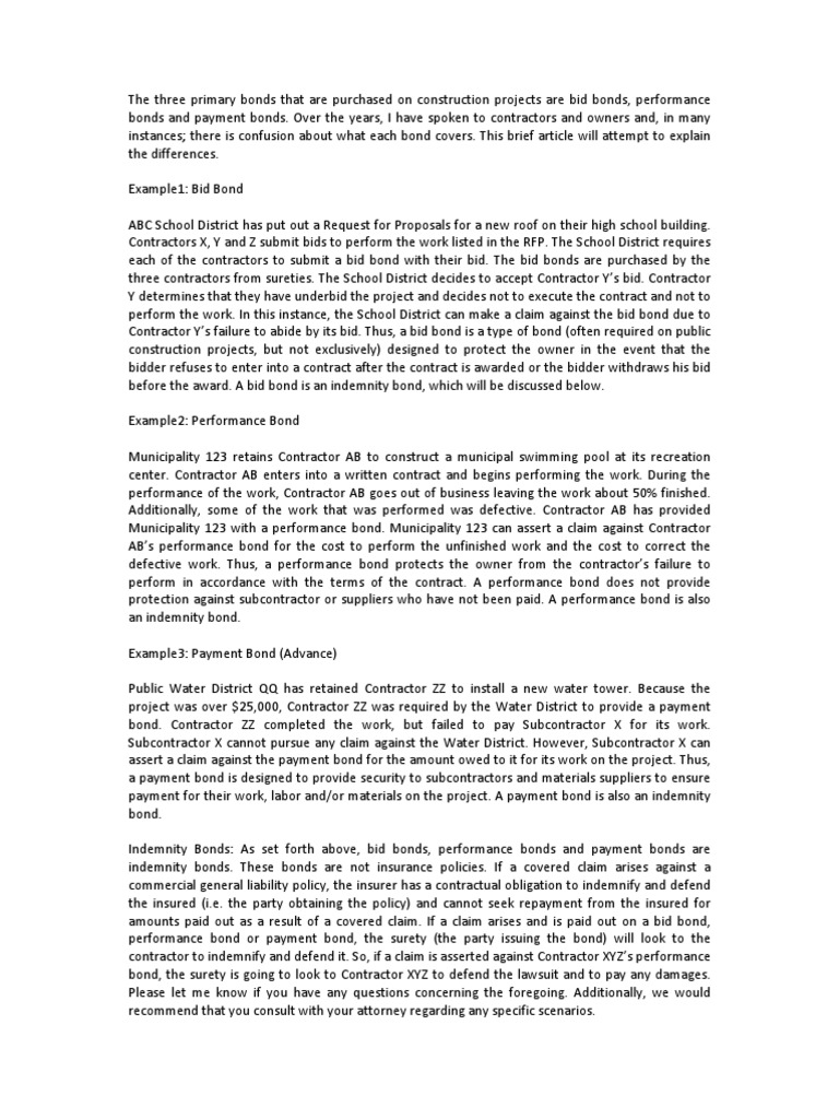 Bid Bond, Performance Bond, Payment Bond | PDF | Surety Bond | Indemnity