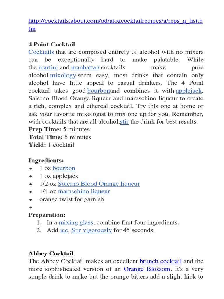 Cocktails Recipe | PDF | Martini (Cocktail) | Cocktails