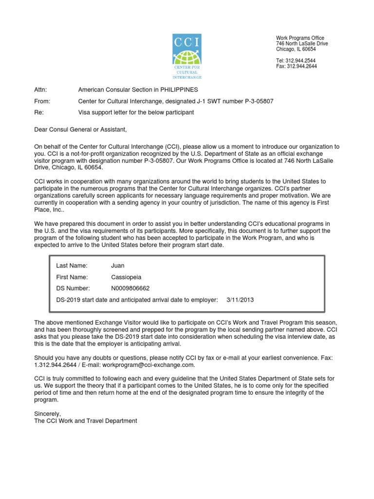CC I Participant Embassy Letter | PDF | Visa (Document) | Consul ...