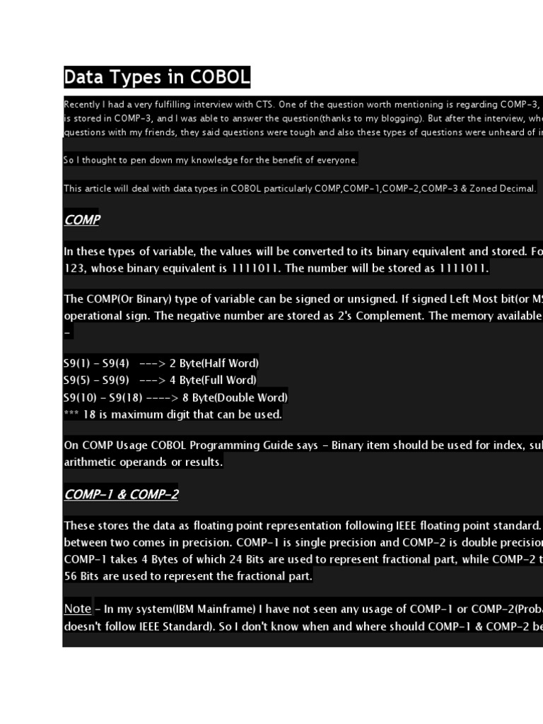 Data Types in COBOL | PDF | Binary Coded Decimal | Byte