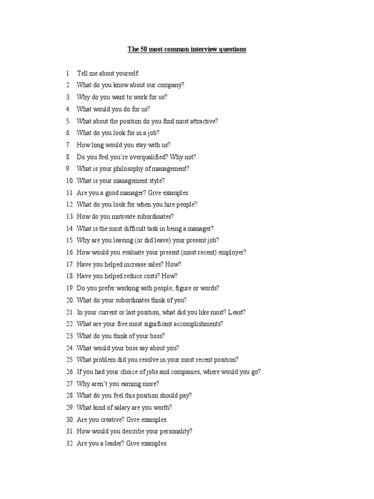 50 Most Common Interview Questions | PDF