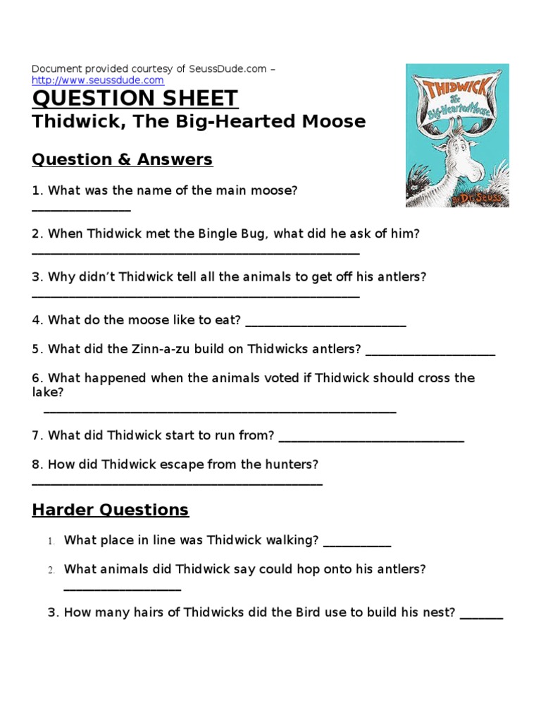 Thidwick Quiz for Young Readers | PDF | Moose