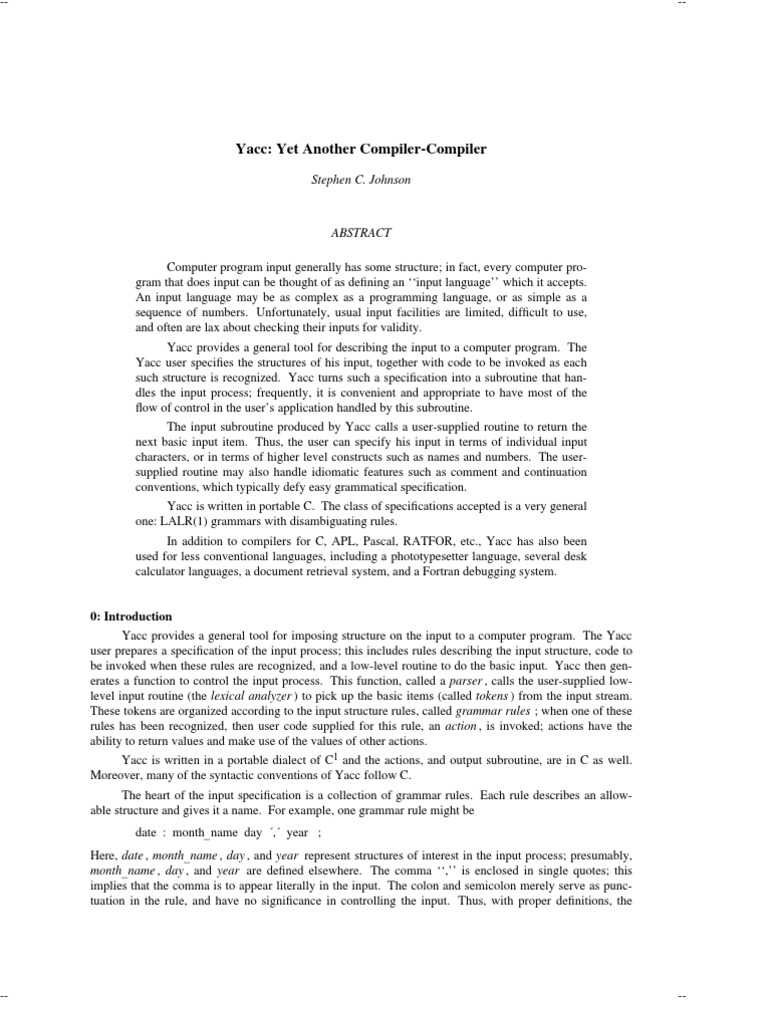 Yacc: Yet Another Compiler-Compiler: Stephen C. Johnson | PDF | Parsing ...