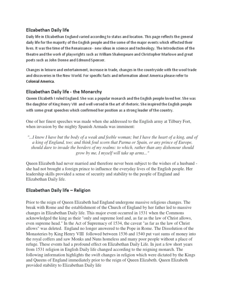 Elizabethan Daily Life | PDF | Elizabeth I Of England | England