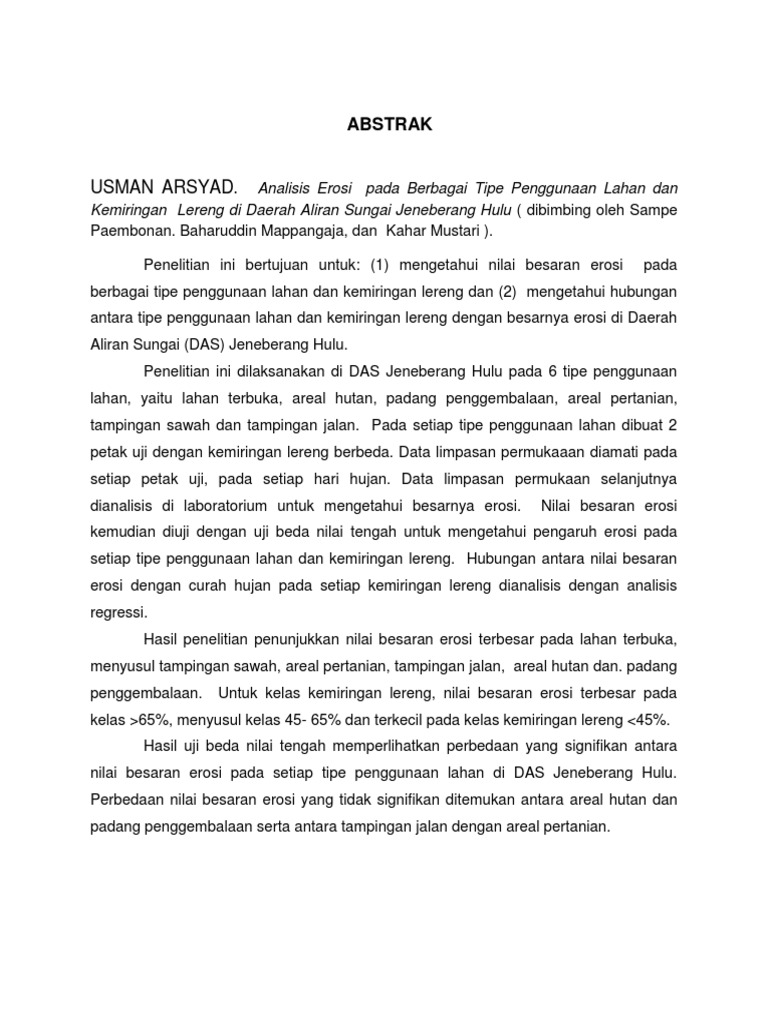 Analisis Erosi Pada Berbagai Tipe Penggunaan Lahan Dan Kemiringan Lereng Di Daerah Aliran Sungai ...