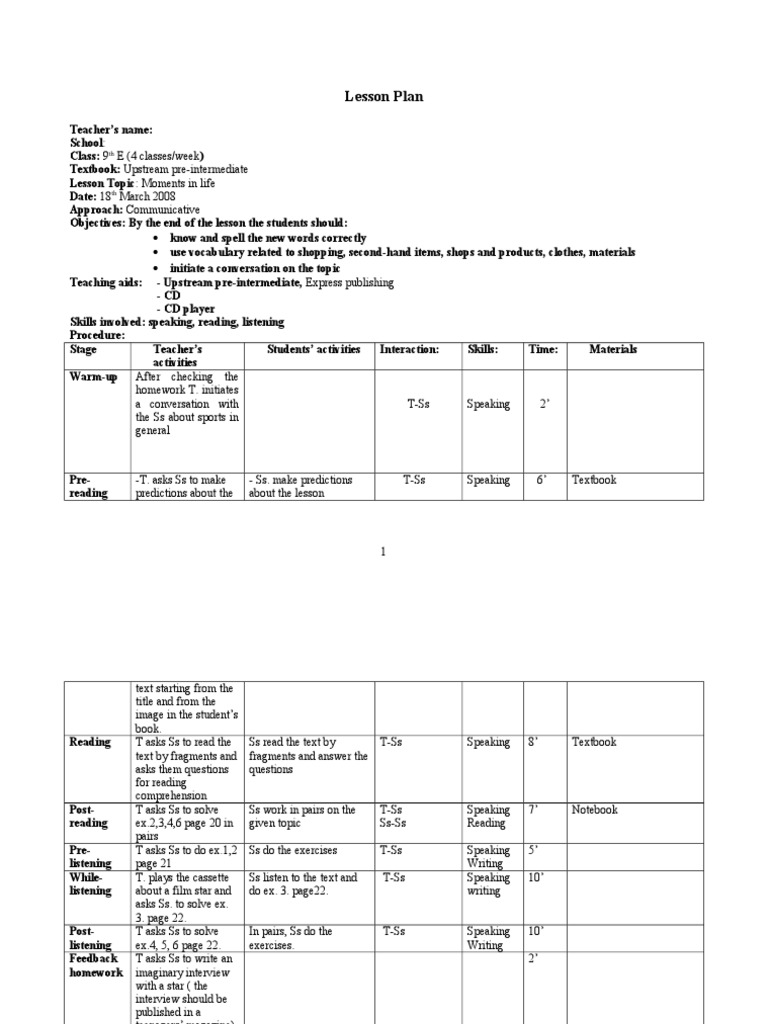 Model Plan de Lectie Engleza