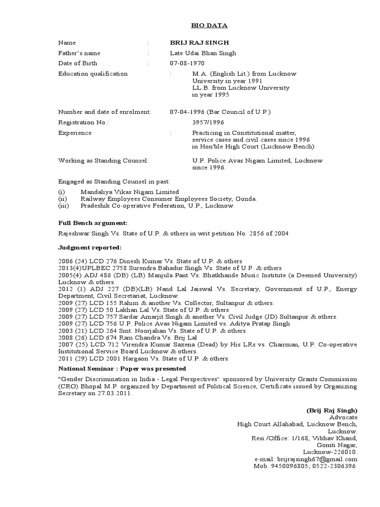 Biodata of Advocate Brij Raj Singh | PDF