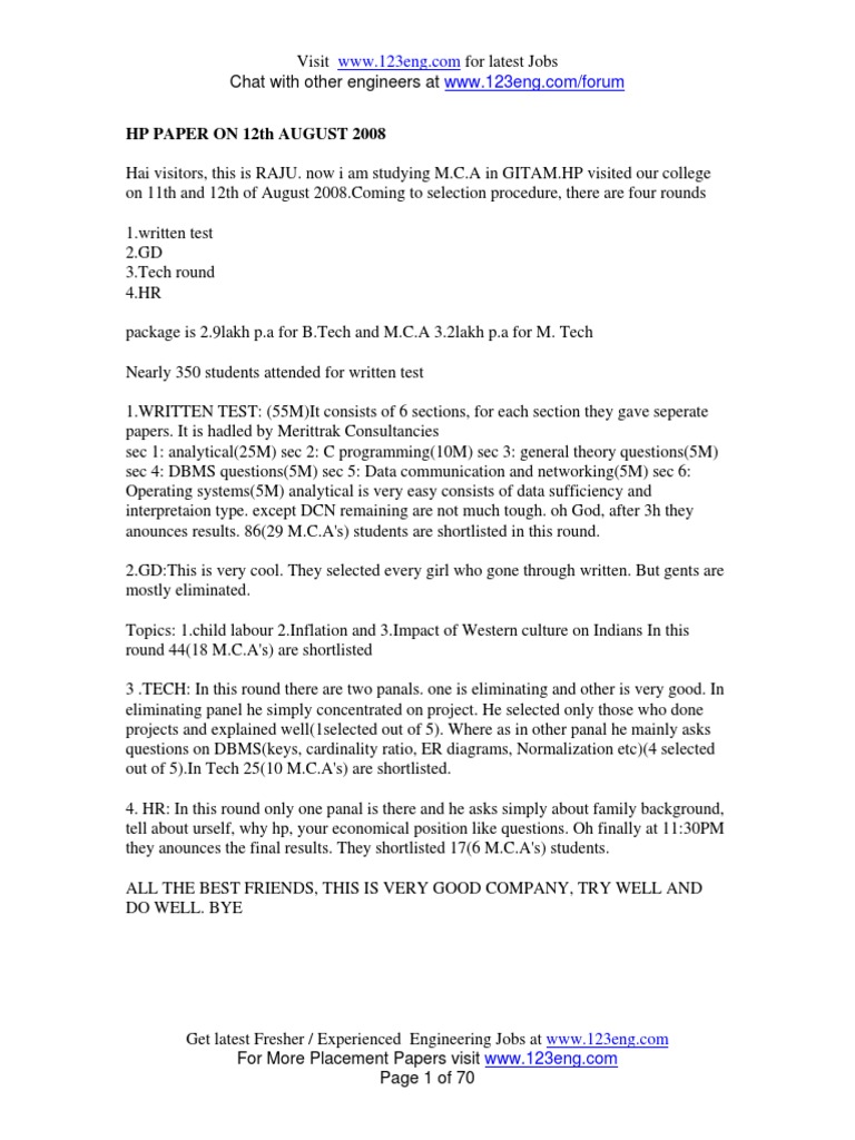 HP Placement Papers | PDF | C (Programming Language) | Databases