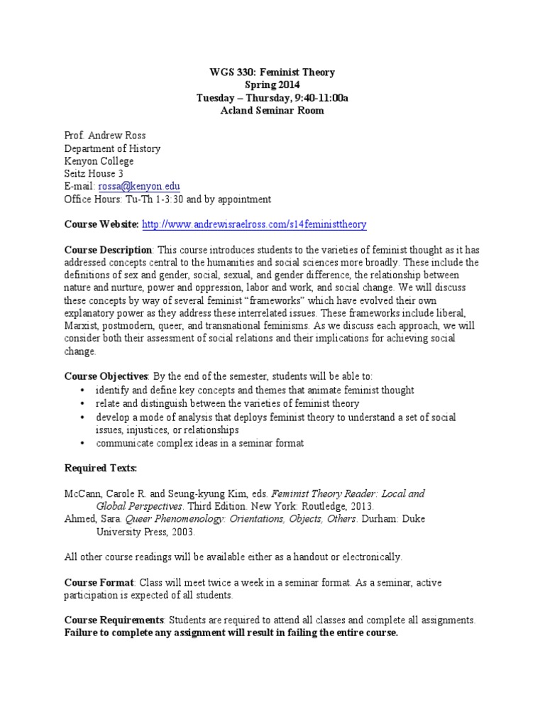 Feminist Theory Syllabus, Spring 2014 | PDF | Feminist Theory | Feminism