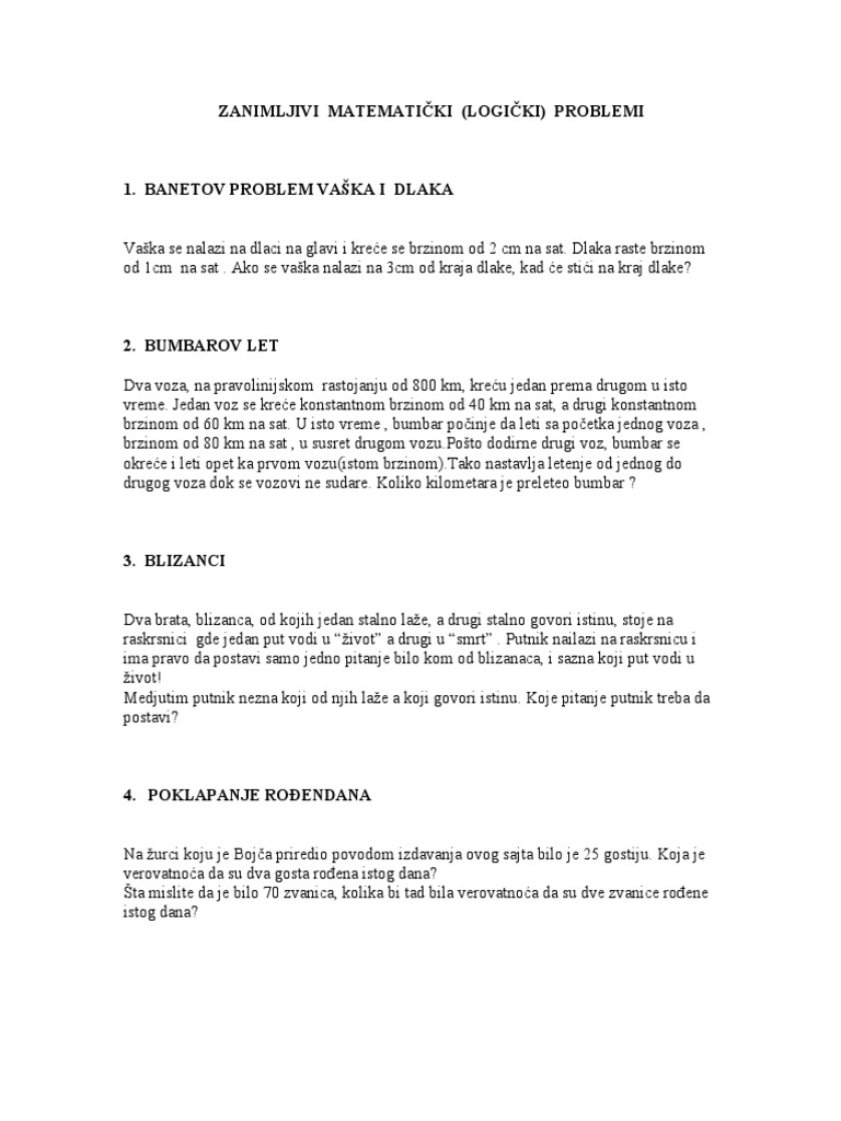 Zanimljivi Matematicki (Logicki) Problemi | PDF
