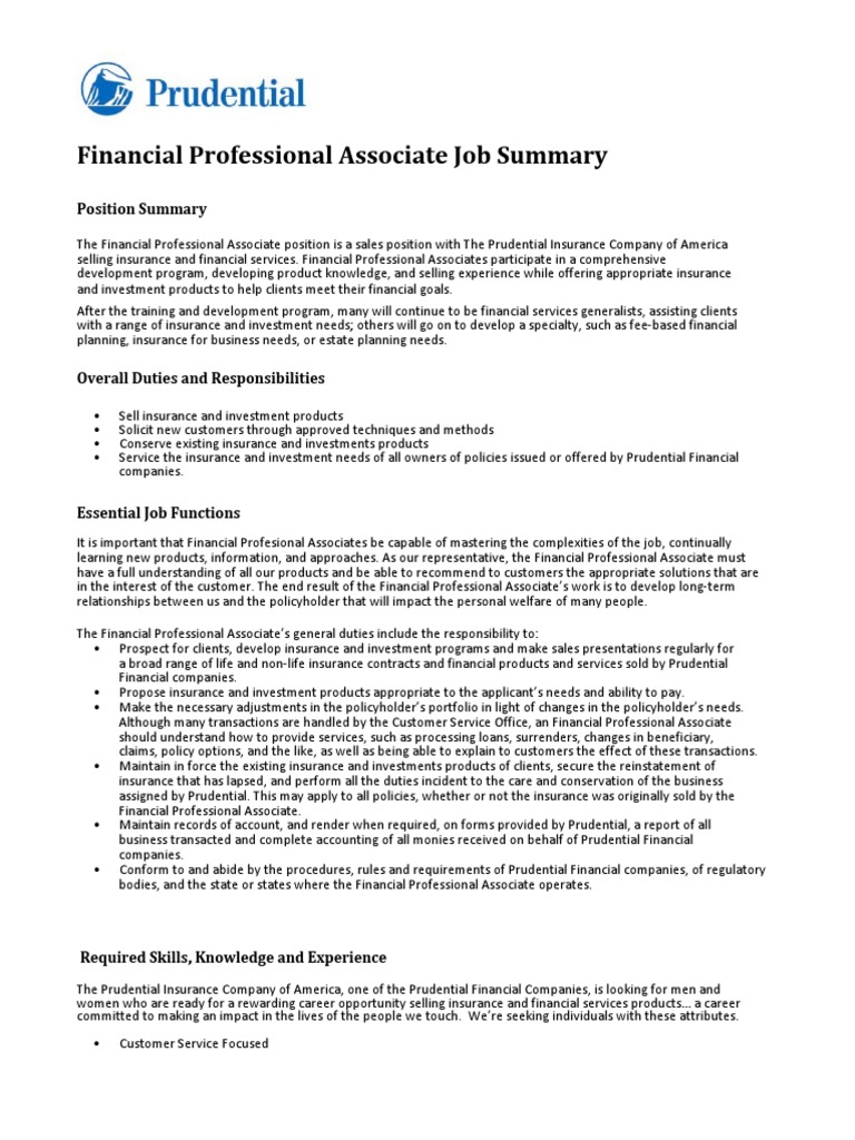 FPA Job Description | PDF | Prudential Financial | Insurance