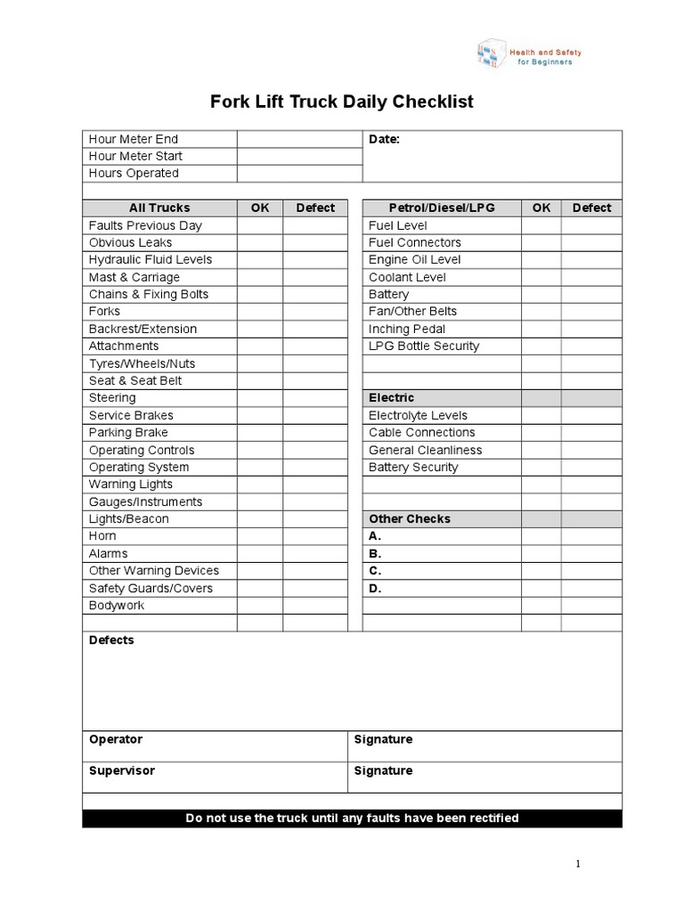 Fork Lift Truck Daily Checklist | PDF | Industries | Vehicle Parts