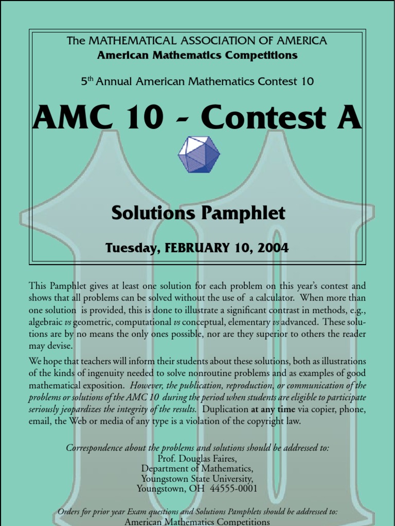 AMC 10 - Contest A: Solutions Pamphlet | PDF | Area | Tangent AMC 10 - Contest A: Solutions Pamphlet | PDF | Area | Tangent