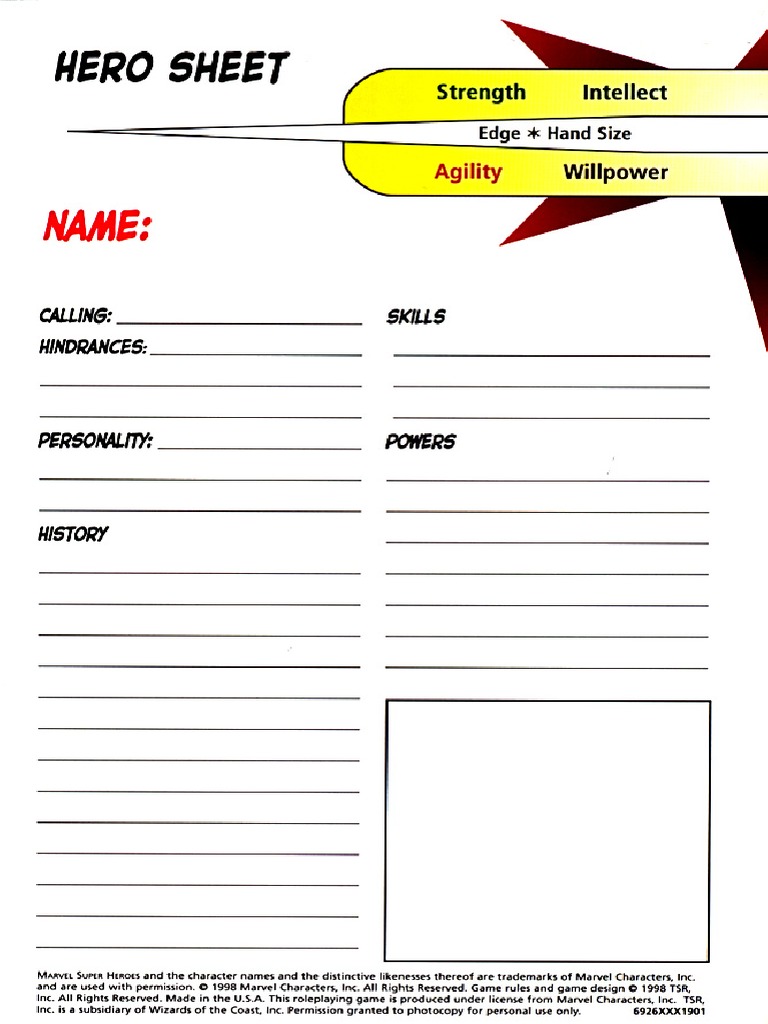 Marvel Super Heroes Adventure Game (SAGA) RPG - Hero Sheet