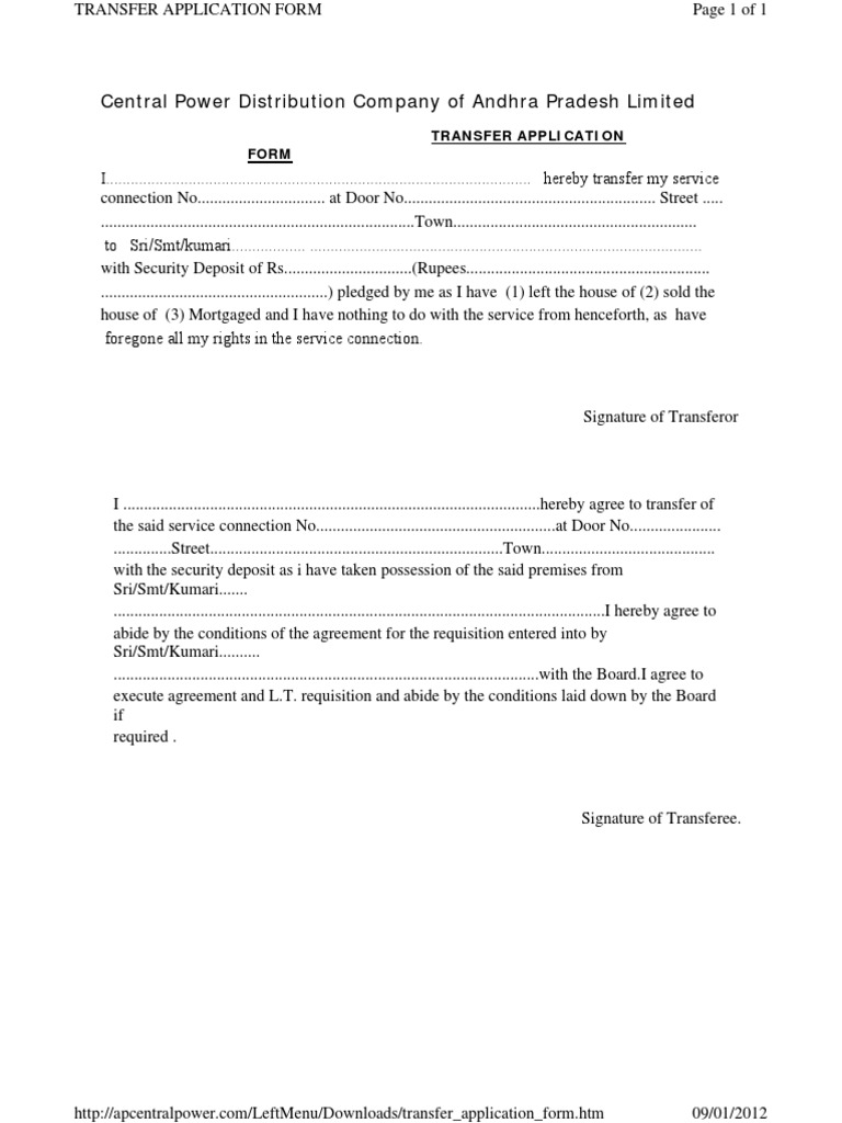APCPDCL Service Connection Transfer Form | PDF | Technology & Engineering