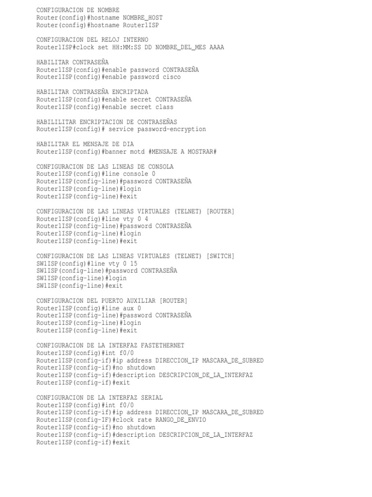 Códigos Configuración de Router y Switch CISCO CCNA 1 | PDF | Enrutador (Computación ...