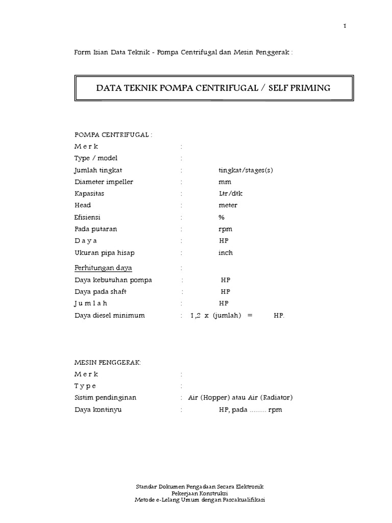 Form Isian Data Teknik Pompa Centrifugal | PDF