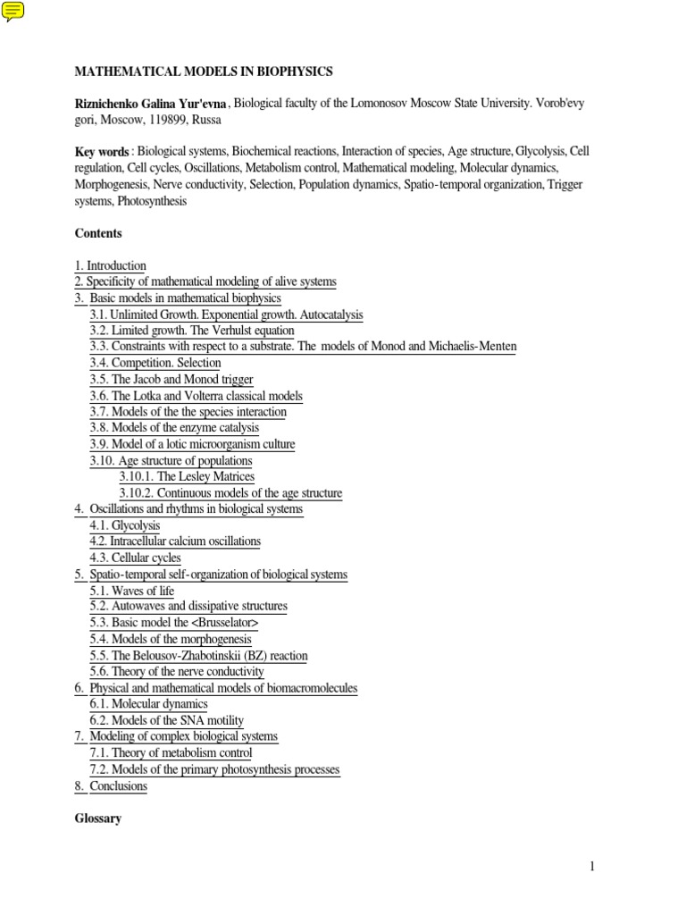 Mathematical Models in Biophysics | PDF | Mathematical And Theoretical ...