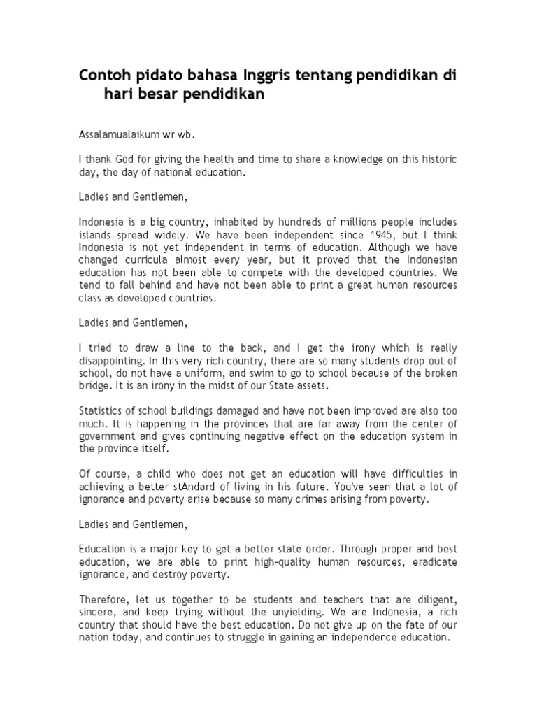 Contoh Pidato Bahasa Inggris Tentang Pendidikan Di Hari Besar Pendidikan | PDF