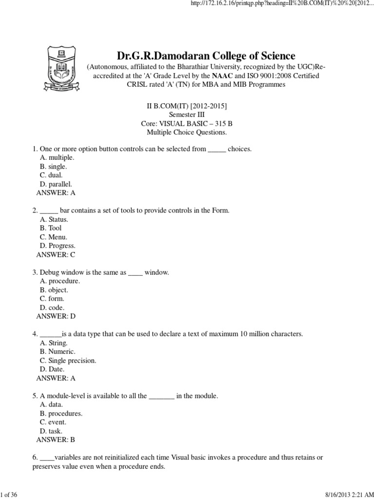 Visual Basic MCQ | PDF | C (Programming Language) | Databases
