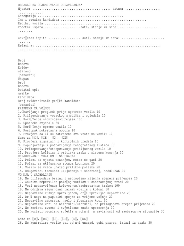 Obrazac Za Ocjenjivanje Ispita Iz Upravljanja Motornim Vozilom | PDF