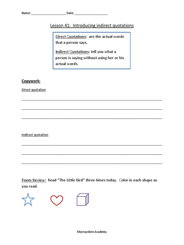 Lesson 41: Introducing Indirect Quotations: Copywork | PDF