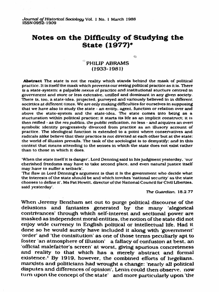 Philip Abrams Notes On The Difficulty of Studying The State 1 PDF | PDF