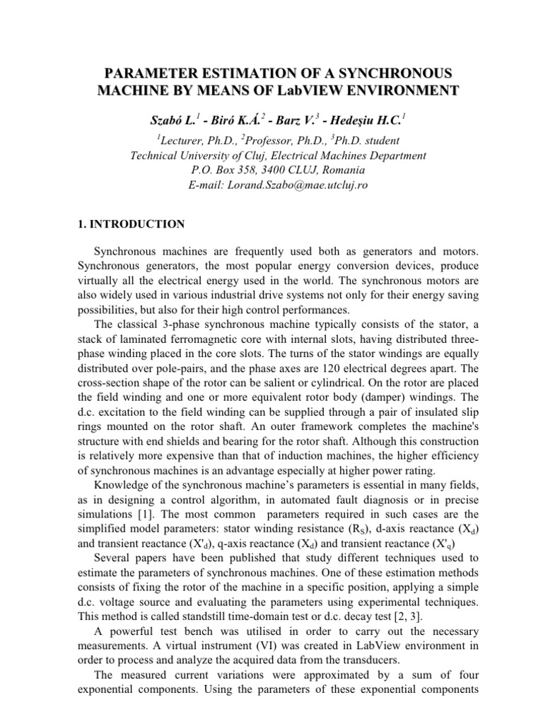 Parameter Estimation Of A Synchronous Machine By Means Of Labview Environment Pdf Teaching