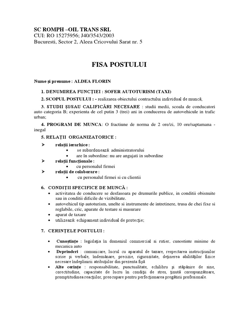 Fisa Post Sofer Taxi | PDF